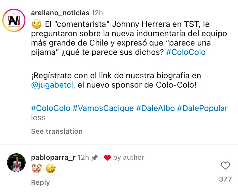 La reacción de Pablo Parra tras la burla de Herrera a la camiseta de Colo Colo